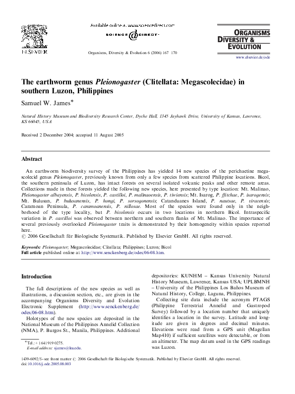 (PDF) The earthworm genus Pleionogaster in southern Luzon, Philippines