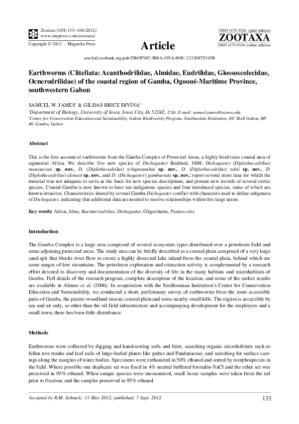 (PDF) Earthworms (Clitellata: Acanthodrilidae, Almidae, Eudrilidae ...