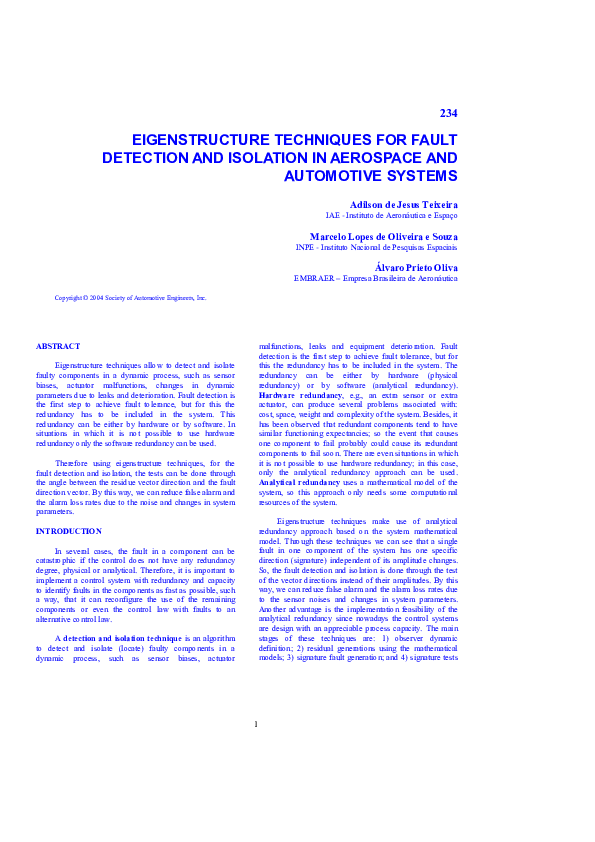 Pdf Eigenstructure Techniques For Fault Detection And Isolation In Aerospace And Automotive