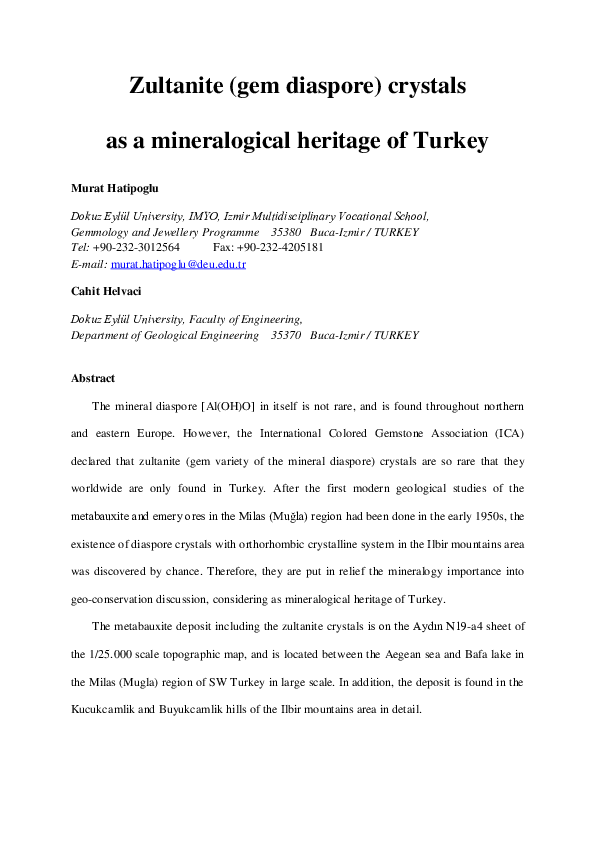 (PDF) Zultanite (gem diaspore) crystals as a mineralogical heritage of ...