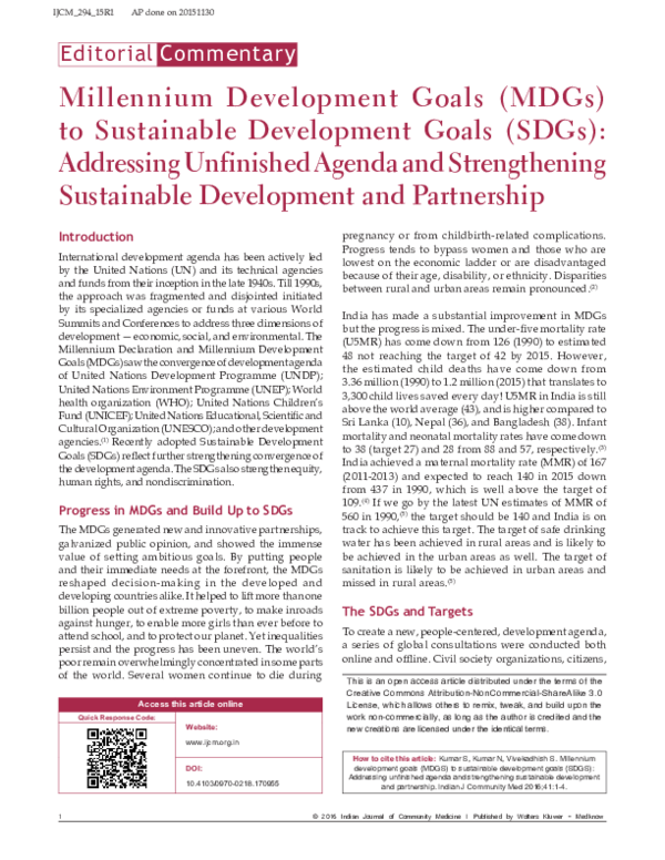 (PDF) Millennium development goals (MDGS) to sustainable development goals (SDGS): Addressing ...