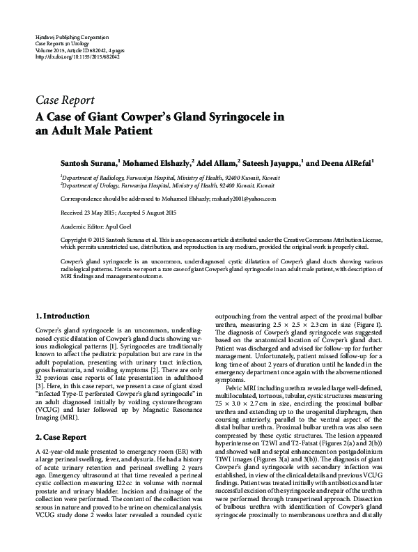 (PDF) A Case of Giant Cowper’s Gland Syringocele in an Adult Male Patient
