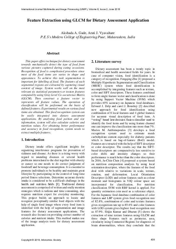 (PDF) Feature Extraction using GLCM for Dietary Assessment Application
