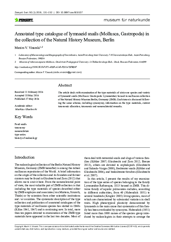 (PDF) Annotated type catalogue of lymnaeid snails (Mollusca, Gastropoda ...