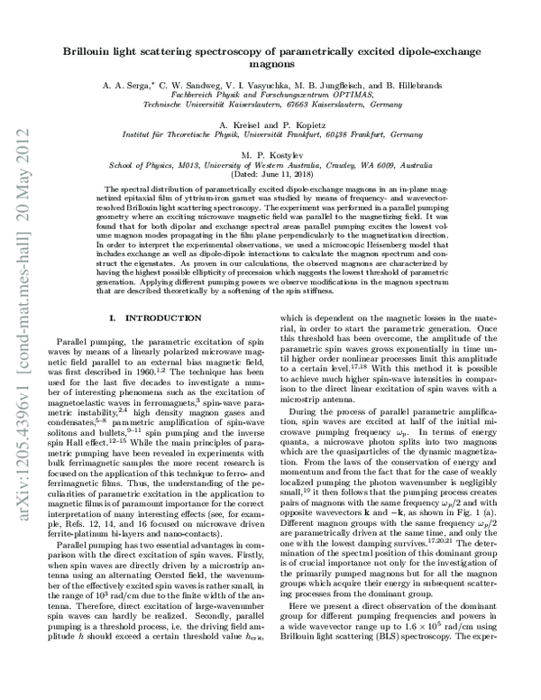 (PDF) Brillouin light scattering spectroscopy of parametrically excited dipole-exchange magnons