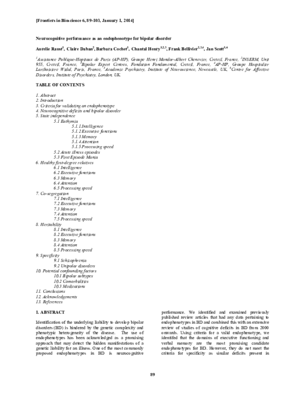 (PDF) Neurocognitive performance as an endophenotype for bipolar ...