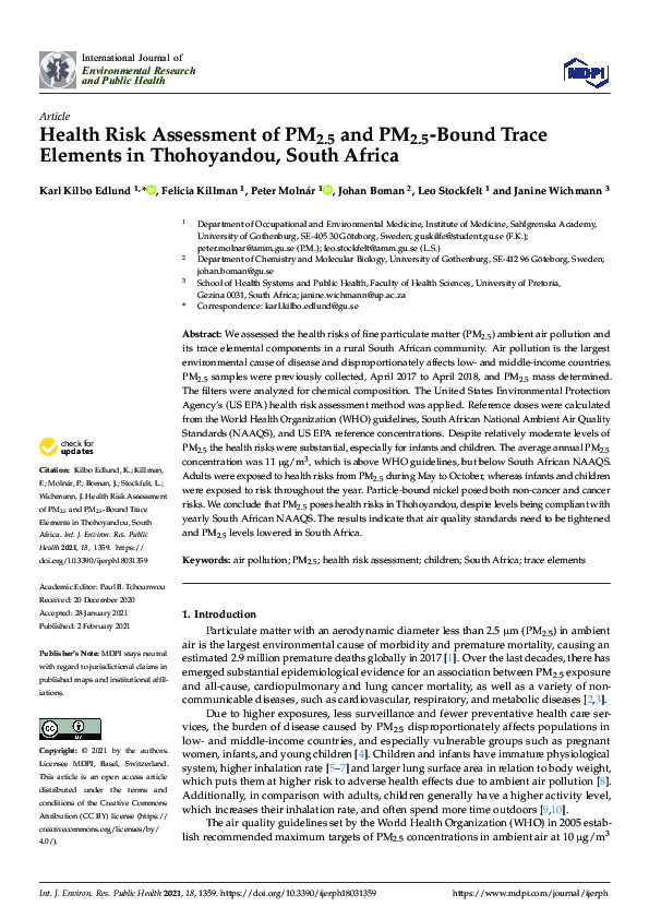 (PDF) Health Risk Assessment of PM2.5 and PM2.5-Bound Trace Elements in Thohoyandou, South Africa