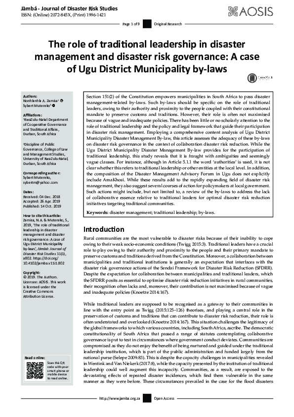 (PDF) The role of traditional leadership in disaster management and ...