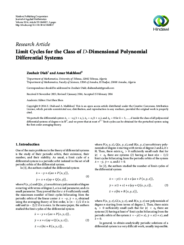 (PDF) Limit Cycles for the Class ofD-Dimensional Polynomial Differential Systems