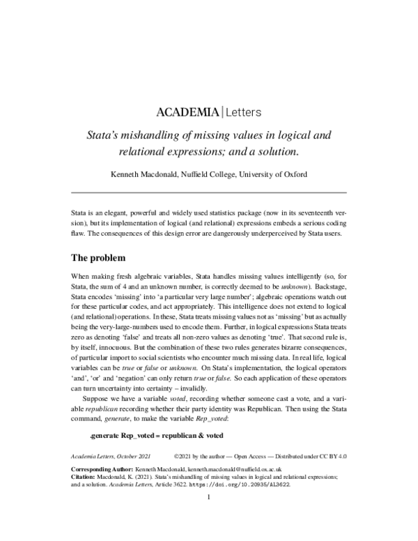 Pdf Stata S Mishandling Of Missing Values In Logical And Relational Expressions And A Solution