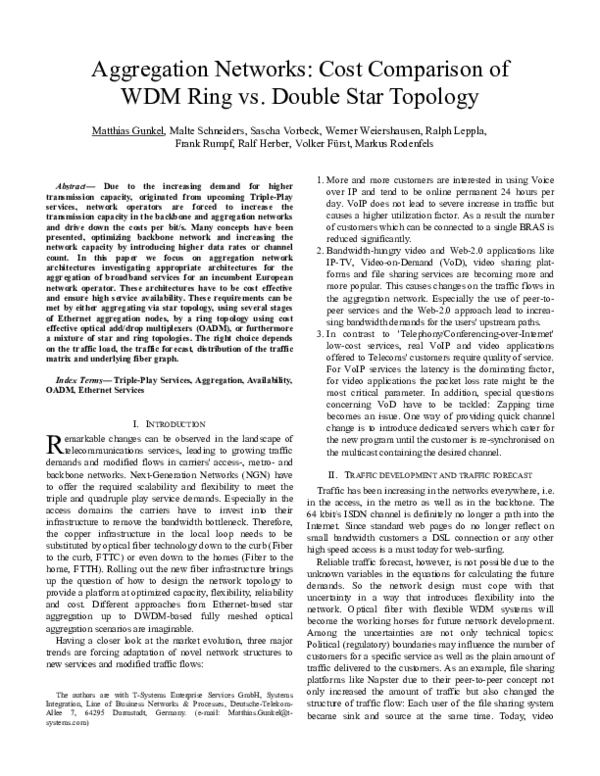 (PDF) Aggregation networks: Cost comparison of WDM ring vs. double star ...