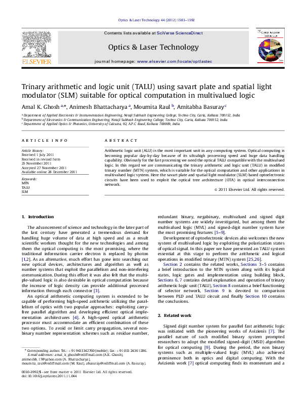 Pdf Trinary Arithmetic And Logic Unit Talu Using Savart Plate And Spatial Light Modulator