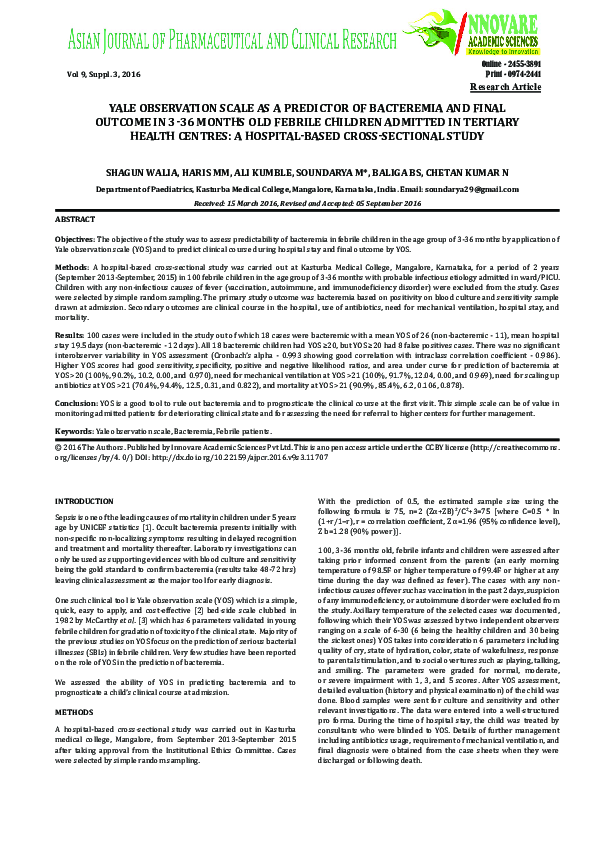 (PDF) Yale Observation Scale as a Predictor of Bacteremia and Final ...