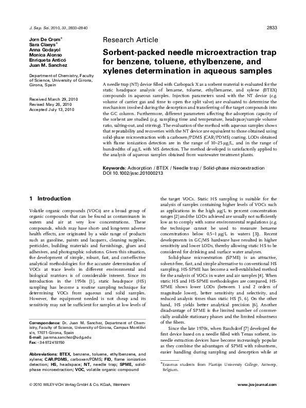 (PDF) Sorbent-packed needle microextraction trap for benzene, toluene ...