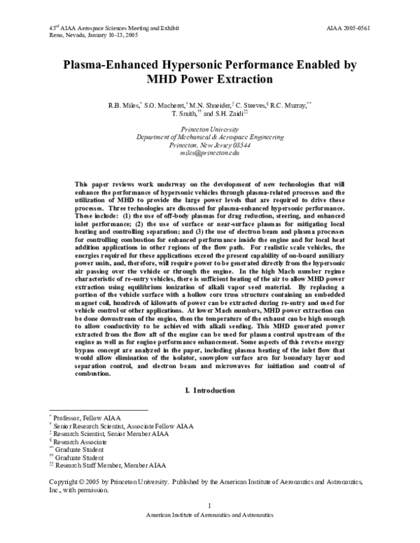 (PDF) Plasma-Enhanced, Hypersonic Performance Enabled by MHD Power ...