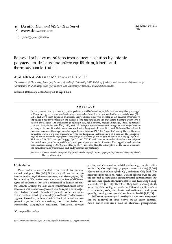 (PDF) Removal of heavy metal ions from aqueous solution by anionic ...