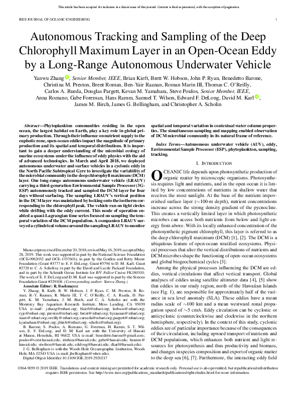 (PDF) Autonomous Tracking and Sampling of the Deep Chlorophyll Maximum ...
