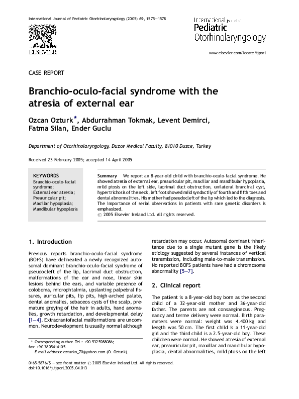 (PDF) Branchio-oculo-facial syndrome with the atresia of external ear