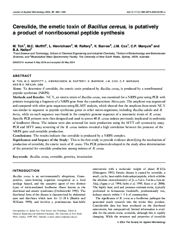 (PDF) Cereulide Production via Nonribosomal Peptide Synthesis