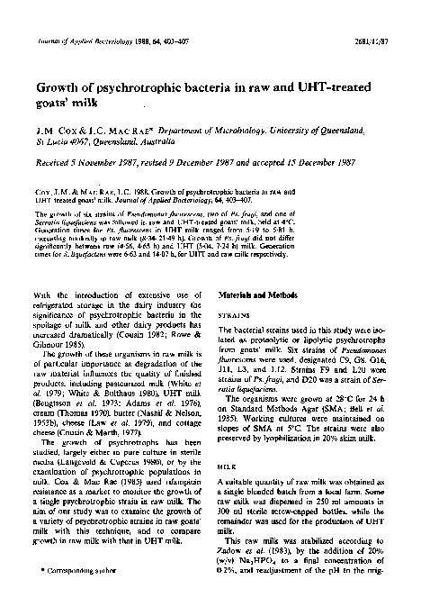 (PDF) Growth of psychrotrophic bacteria in raw and UHT-treated goats'milk