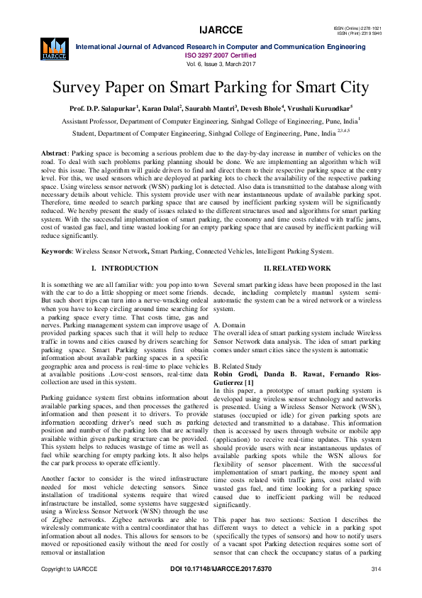 (PDF) Survey Paper on Smart Parking for Smart City
