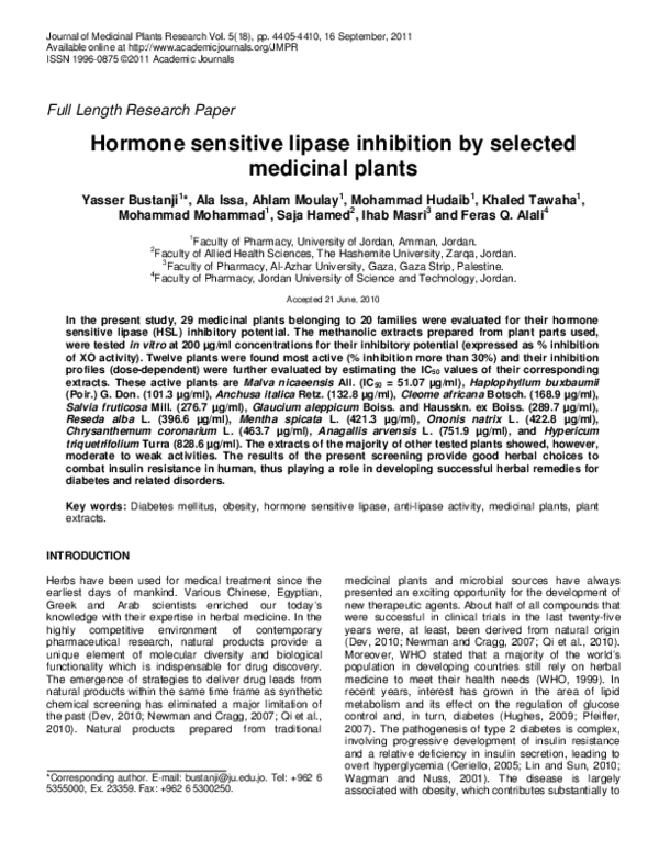 (PDF) Hormone sensitive lipase inhibition by selected medicinal plants