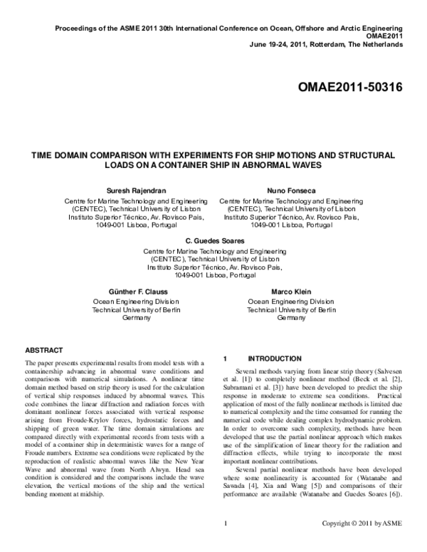 (PDF) Time Domain Comparison With Experiments for Ship Motions and Structural Loads on a ...