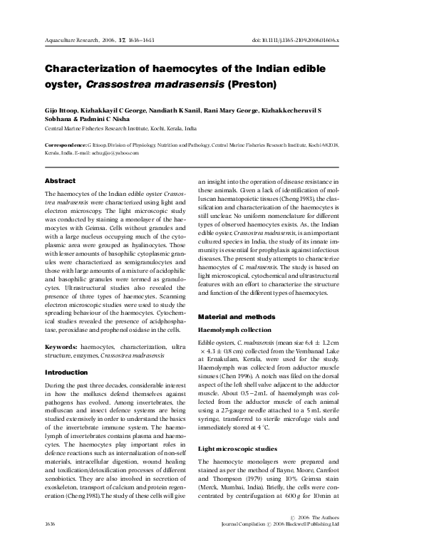 (PDF) Characterization of haemocytes of the Indian edible oyster ...
