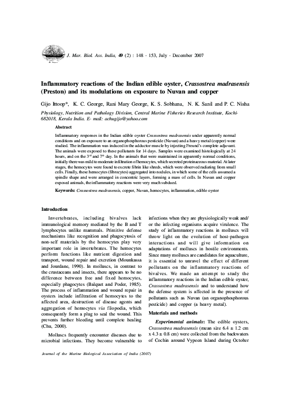 (PDF) Inflammatory reactions of the Indian edible oyster, Crassostrea ...