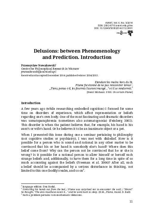 (PDF) Delusions: between Phenomenology and Prediction. Introduction | Przemysław Nowakowski ...