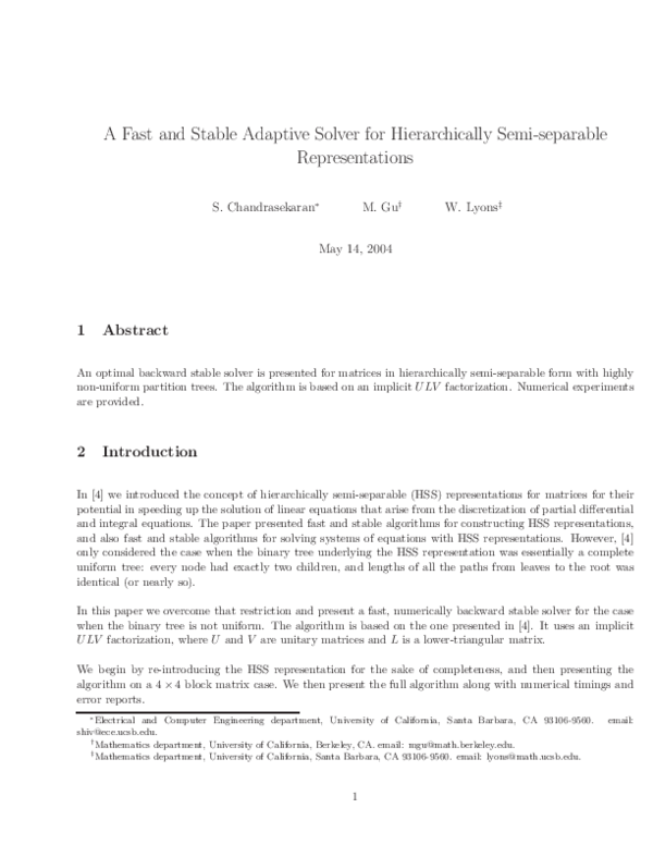 (PDF) Stable Adaptive Solver for Hierarchical Semi-Separable Matrices