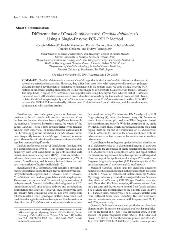 (PDF) Differentiation of Candida albicans and Candida dubliniensis using a single-enzyme PCR ...