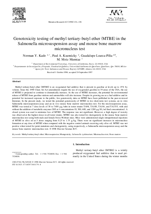 (PDF) Genotoxicity testing of methyl tertiary-butyl ether (MTBE) in the ...