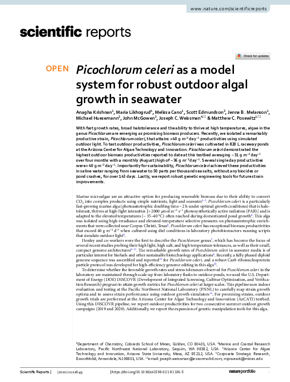 (PDF) Picochlorum celeri as a model system for robust outdoor algal growth in seawater