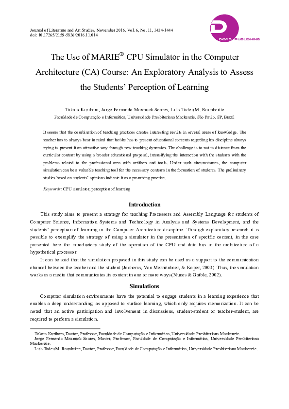 (PDF) The Use of MARIE® CPU Simulator in the Computer Architecture (CA ...