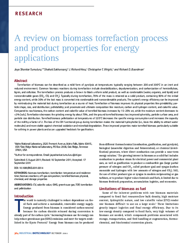 (PDF) A review on biomass torrefaction process and product properties for energy applications