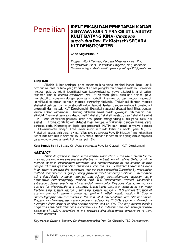 (PDF) Identifikasi dan Penetapan Kadar Senyawa Kuinin Fraksi Etil ...