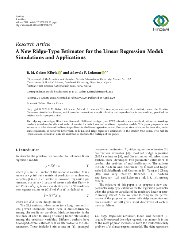 Pdf A New Ridge Type Estimator For The Linear Regression Model