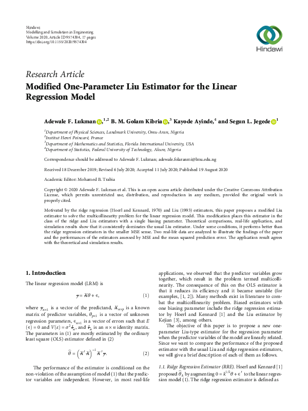 Pdf Modified One Parameter Liu Estimator For The Linear Regression