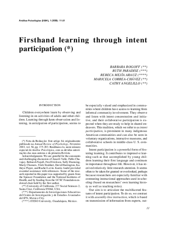 (PDF) Firsthand Learning Through Intent Participation