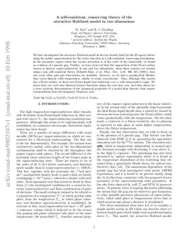 (PDF) A self-consistent, conserving theory of the attractive Hubbard model in two dimensions