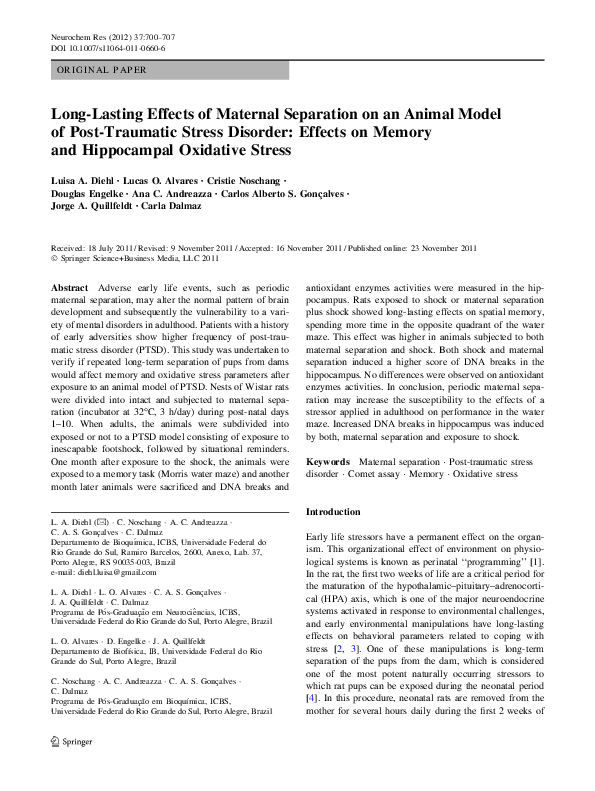 (PDF) Long-Lasting Effects of Maternal Separation on an Animal Model of ...