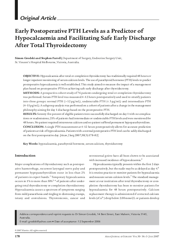 (PDF) Early Postoperative PTH Levels as a Predictor of Hypocalcaemia and Facilitating Safe Early ...