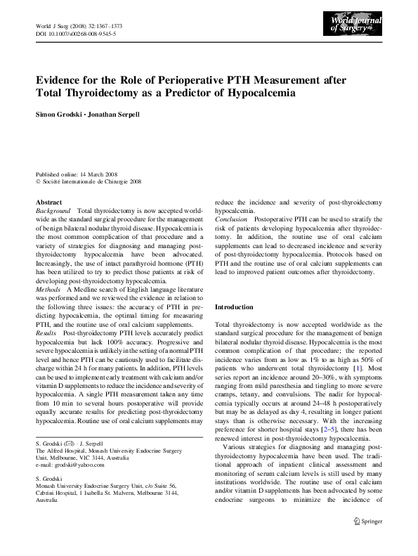 (PDF) Evidence for the Role of Perioperative PTH Measurement after Total Thyroidectomy as a ...