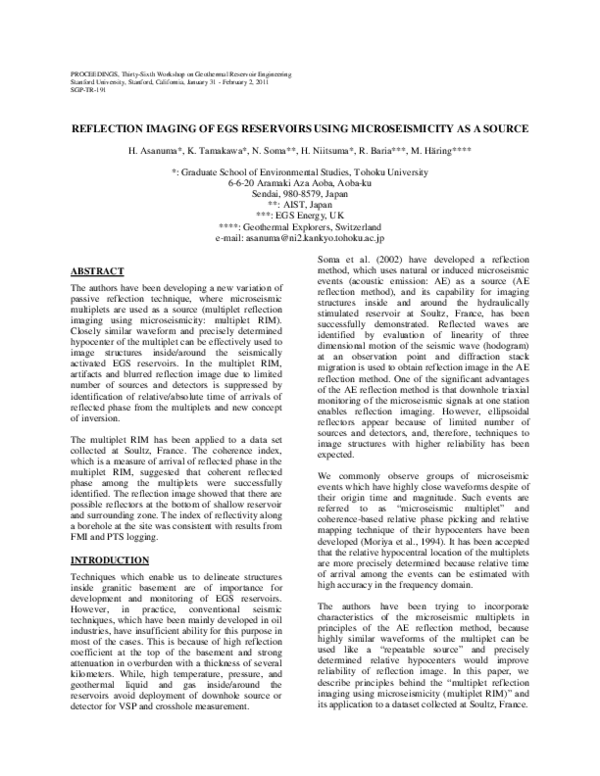 (PDF) Reflection Imaging of Egs Reservoirs Using Microseismicity as a Source