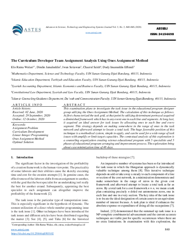 (PDF) The Curriculum Developer Team Assignment Analysis Using Ones Assignment Method
