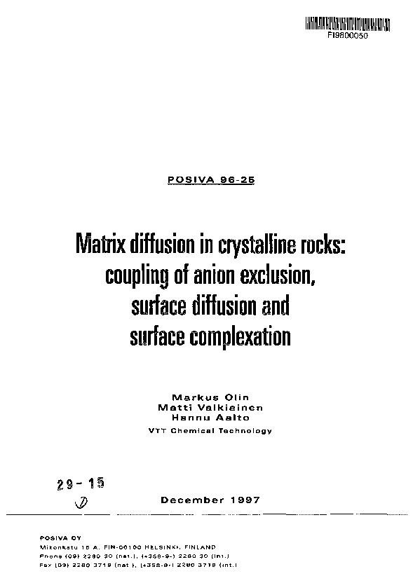 (PDF) Matrix diffusion in crystalline rocks: coupling of anion ...
