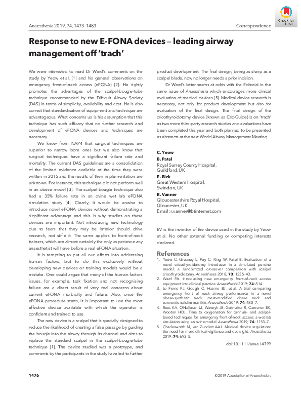 (PDF) Response to new E‐ FONA devices – leading airway management off ...