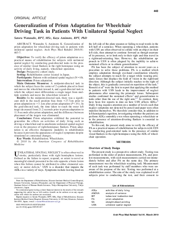 (PDF) Generalization of Prism Adaptation for Wheelchair Driving Task in Patients With Unilateral ...