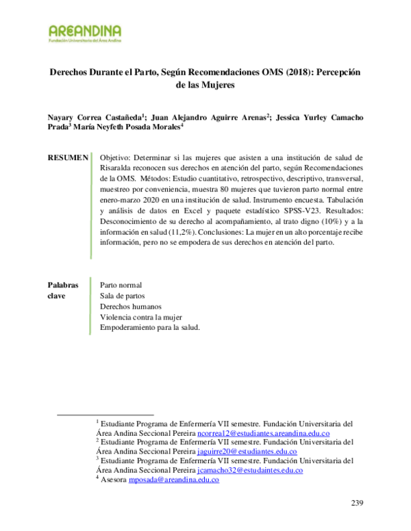 (PDF) Derechos durante el parto, según recomendaciones OMS (2018): Percepción de las mujeres